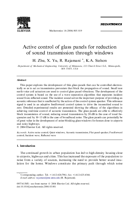 (PDF) Active control of glass panels for reduction of sound ...