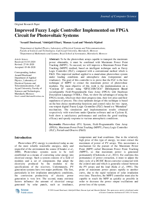 Pdf Improved Fuzzy Logic Controller Implemented On Fpga Circuit For Photovoltaic Systems