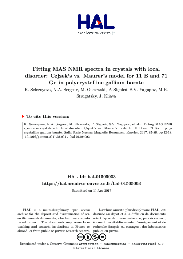 (PDF) Fitting MAS NMR spectra in crystals with local disorder: Czjzek's ...