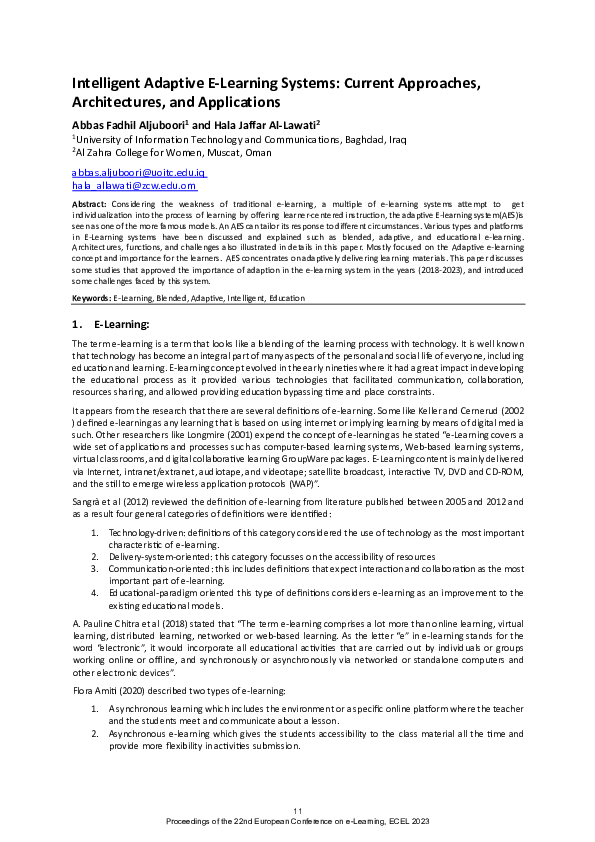 (PDF) Intelligent Adaptive E-Learning Systems: Current Approaches, Architectures, and Applications