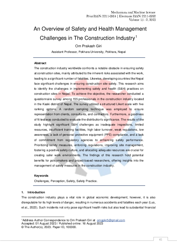 (PDF) An Overview of Safety and Health Management Challenges in The ...