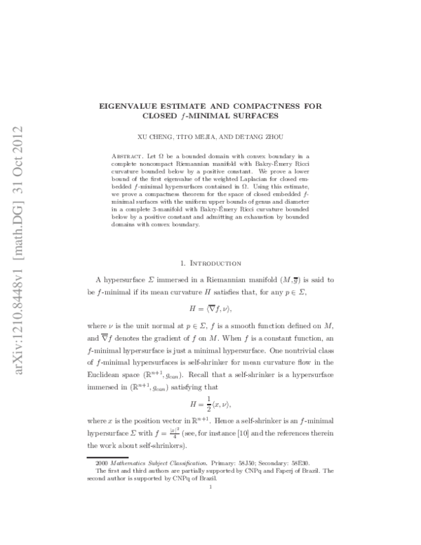 (PDF) Eigenvalue estimate and compactness for closed $f$-minimal surfaces
