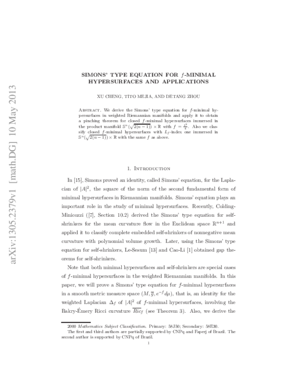 (PDF) Simons' type equation for $f$-minimal hypersurfaces and applications