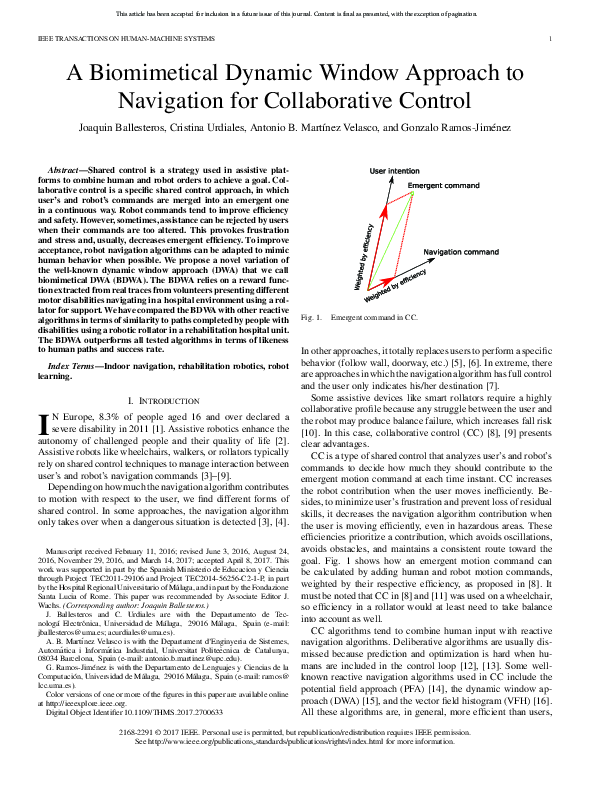 (PDF) A Biomimetical Dynamic Window Approach to Navigation for Collaborative Control