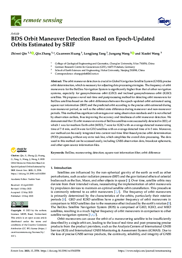 Pdf Bds Orbit Maneuver Detection Based On Epoch Updated Orbits Estimated By Srif