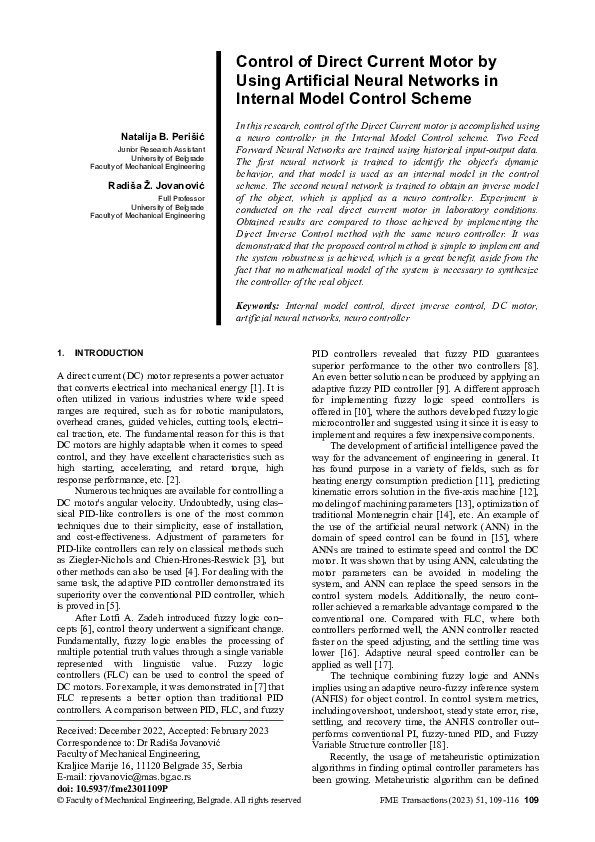 (PDF) Control of direct current motor by using artificial neural networks in Internal model ...