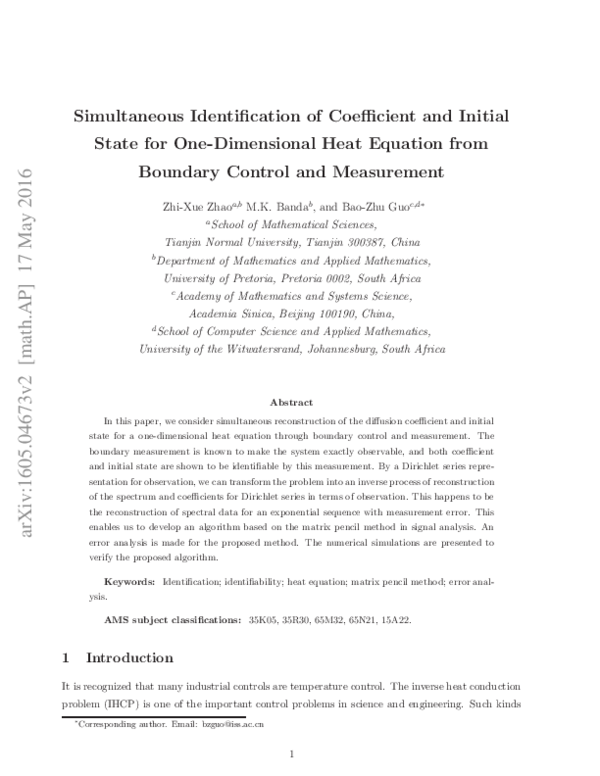 (PDF) Simultaneous Identification of Coefficient and Initial State for One-Dimensional Heat ...