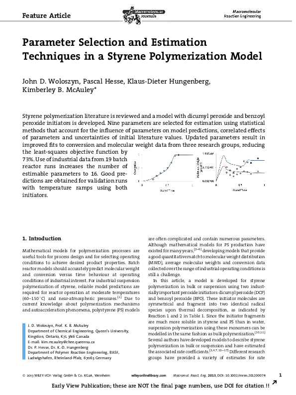 (PDF) Parameter Selection and Estimation Techniques in a Styrene Polymerization Model