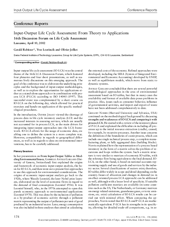 (PDF) Input-Output Life Cycle Assessment: From Theory to Applications