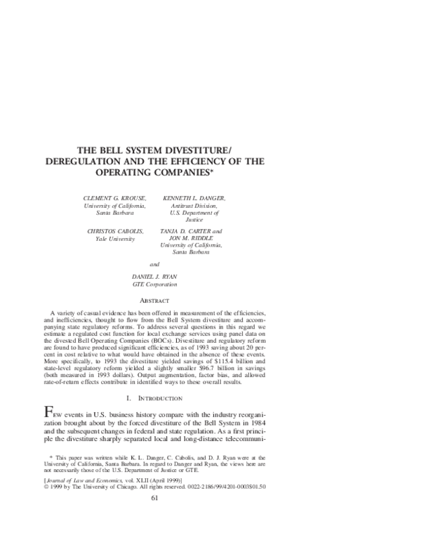 (PDF) The Bell System Divestiture/Deregulation and the Efficiency of ...