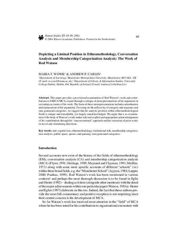 (PDF) Depicting a Liminal Position in Ethnomethodology, Conversation ...