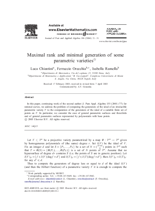 (PDF) Maximal rank and minimal generation of some parametric varieties