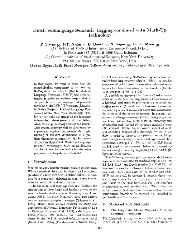 (PDF) Dutch sublanguage semantic tagging combined with mark-up technology