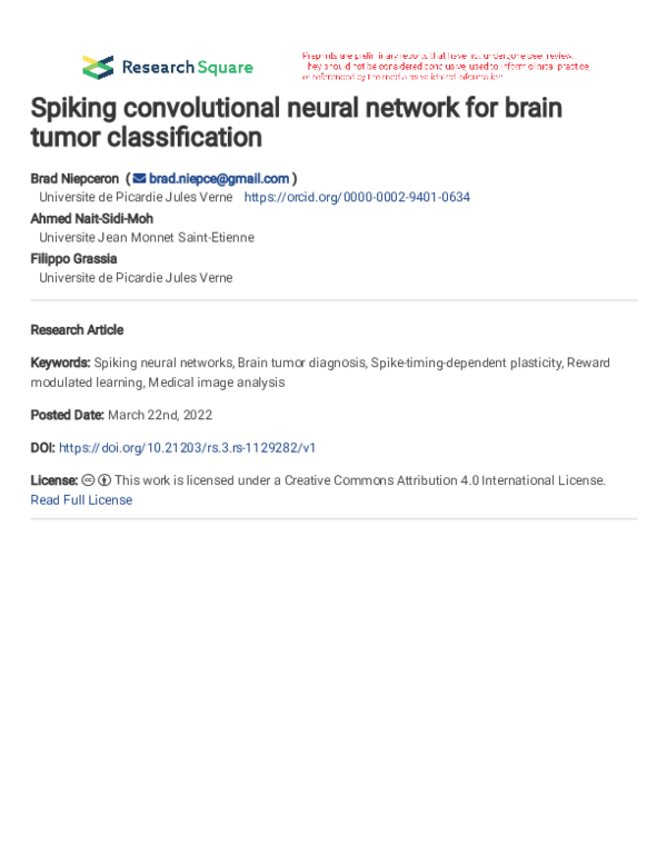 (PDF) Spiking convolutional neural network for brain tumor classification