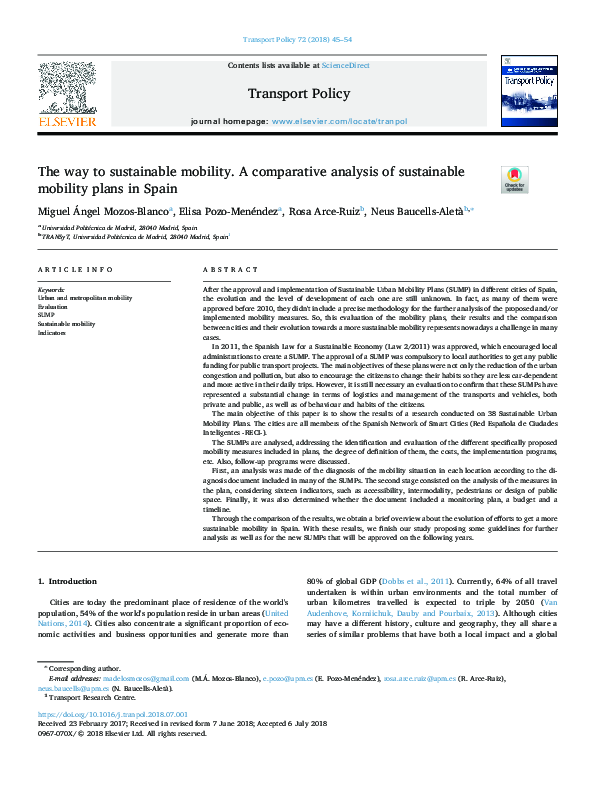 (PDF) The way to sustainable mobility. A comparative analysis of sustainable mobility plans in Spain