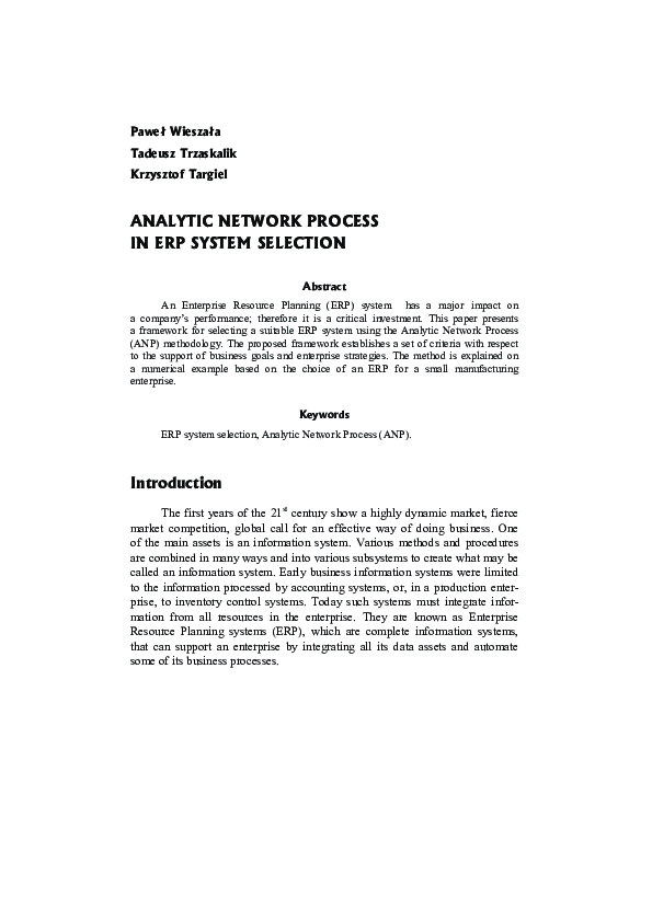 (PDF) Analytic Network Process in ERP System Selection