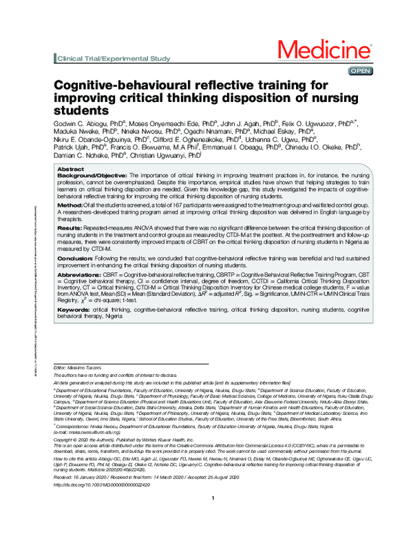 (PDF) Cognitive-behavioural reflective training for improving critical thinking disposition of ...
