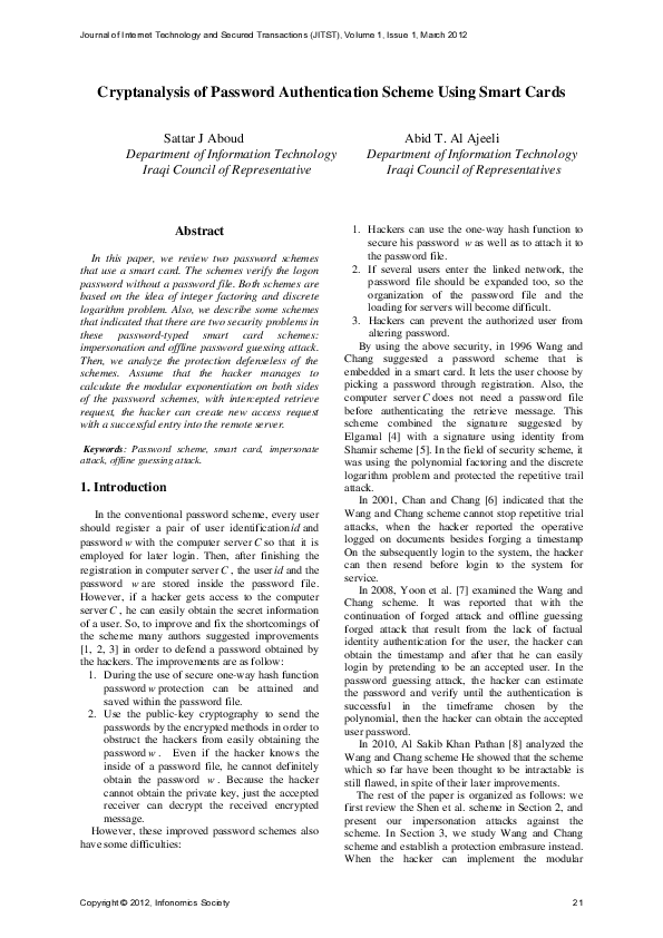 (PDF) Cryptanalysis of Password Authentication Scheme Using Smart Cards