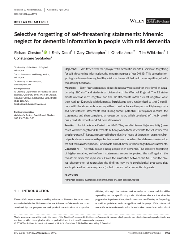 (PDF) Selective forgetting of self-threatening statements: Mnemic ...