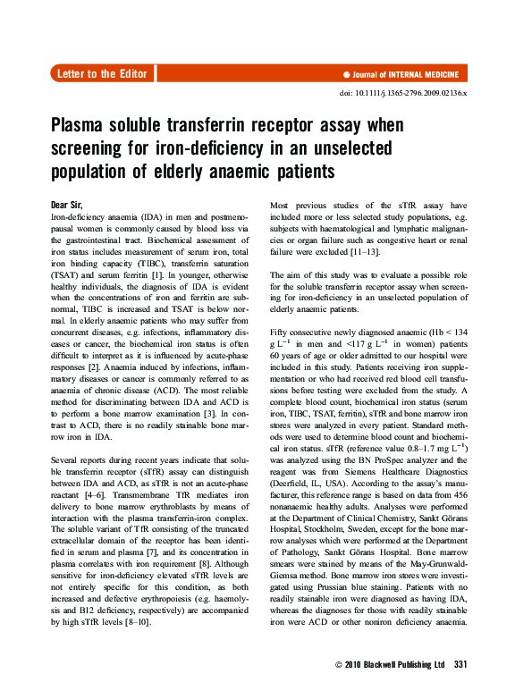 (PDF) Plasma soluble transferrin receptor assay when screening for iron ...
