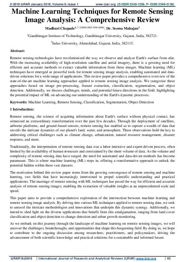 (PDF) Machine Learning Techniques for Remote Sensing Image Analysis: A Comprehensive Review