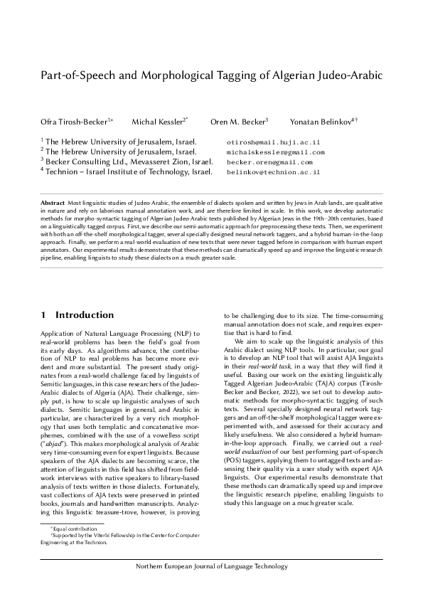 (PDF) Part-of-Speech and Morphological Tagging of Algerian Judeo-Arabic