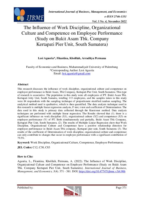 (PDF) The Influence of Work Discipline, Organizational Culture and ...