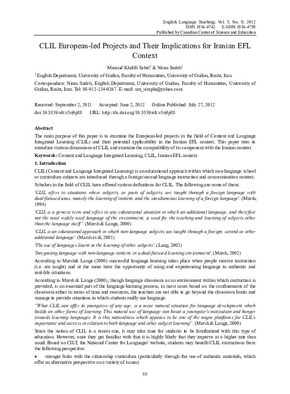 (PDF) CLIL European-led Projects and Their Implications for Iranian EFL Context