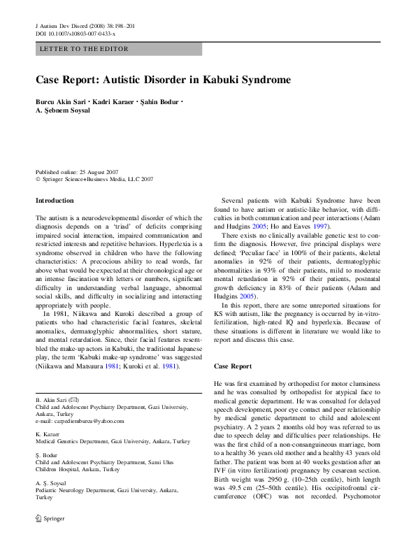 (PDF) Case Report: Autistic Disorder in Kabuki Syndrome