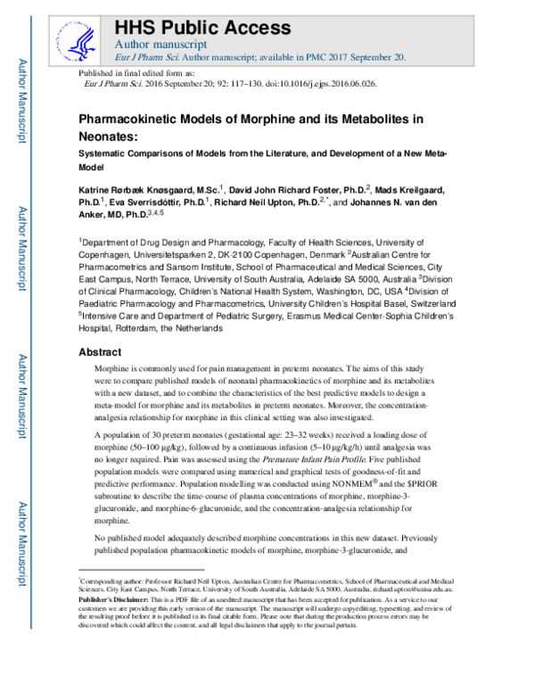 (PDF) Pharmacokinetic models of morphine and its metabolites in neonates