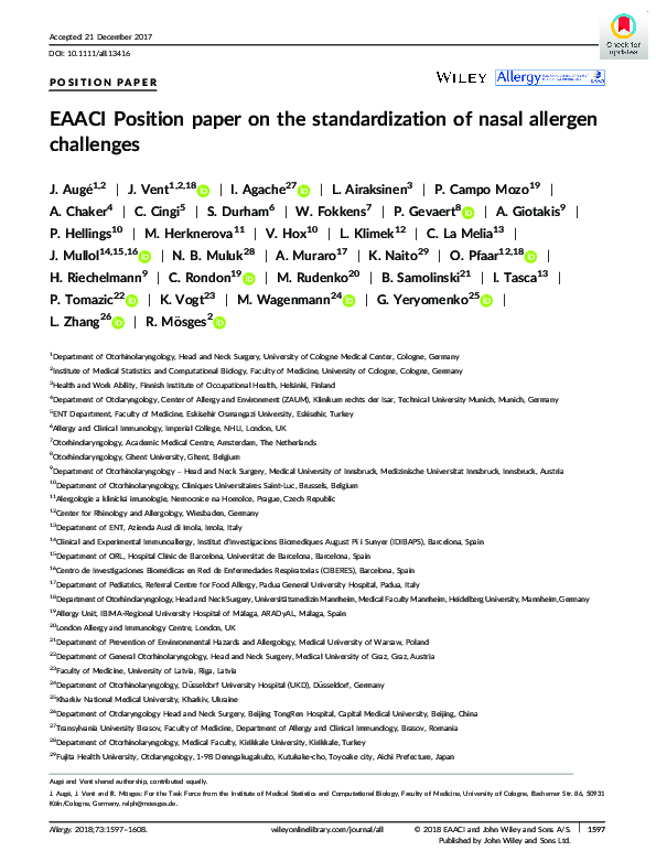 (PDF) EAACI Position paper on the standardization of nasal allergen challenges
