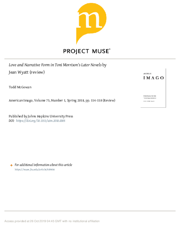 (PDF) Love and Narrative Form in Toni Morrison's Later Novels by Jean Wyatt