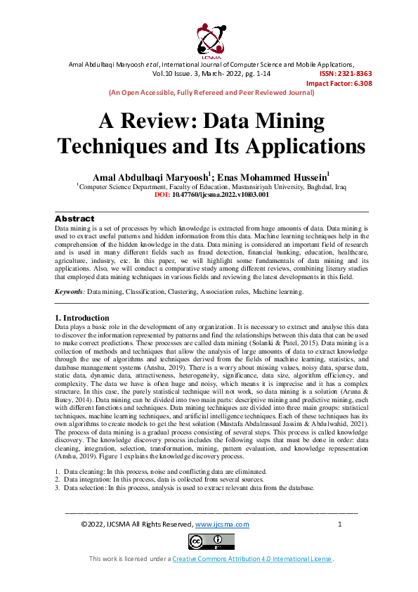 (PDF) A Review: Data Mining Techniques and Its Applications