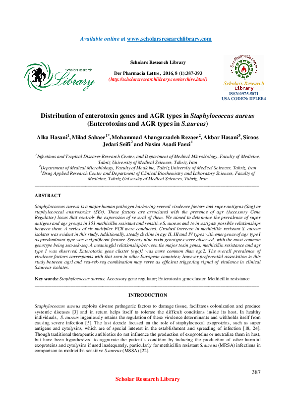 (PDF) Distribution of enterotoxin genes and AGR types in Staphylococcus ...