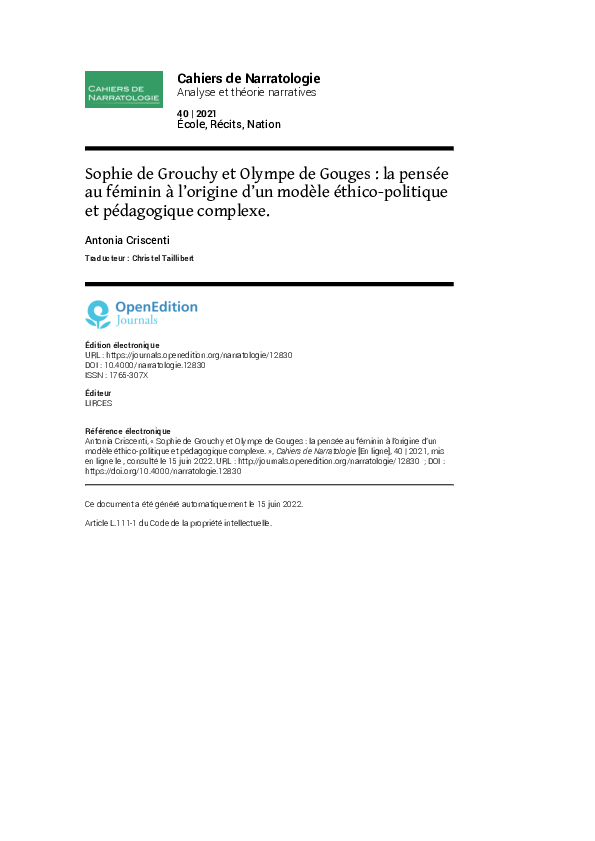 (PDF) Sophie de Grouchy et Olympe de Gouges : la pensée au féminin à l ...