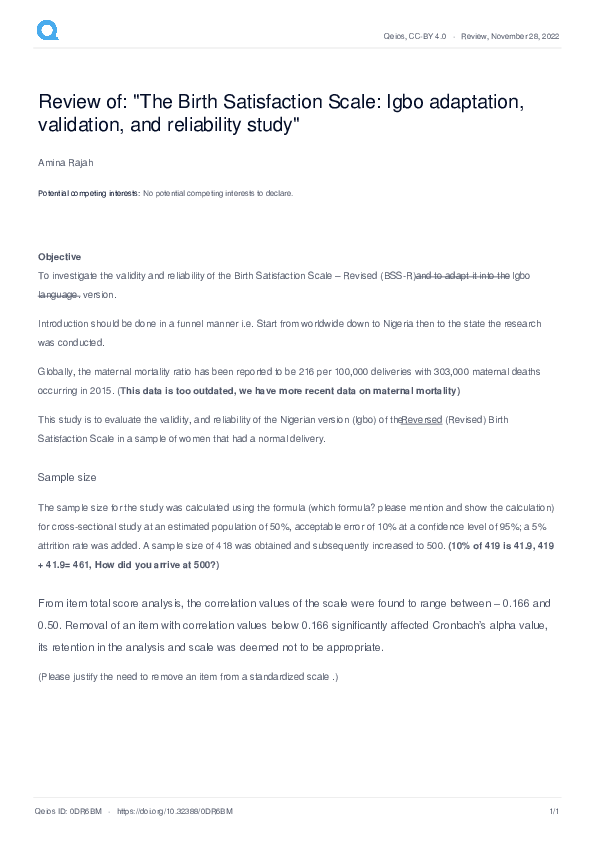 (PDF) Review of: "The Birth Satisfaction Scale: Igbo adaptation, validation, and reliability ...
