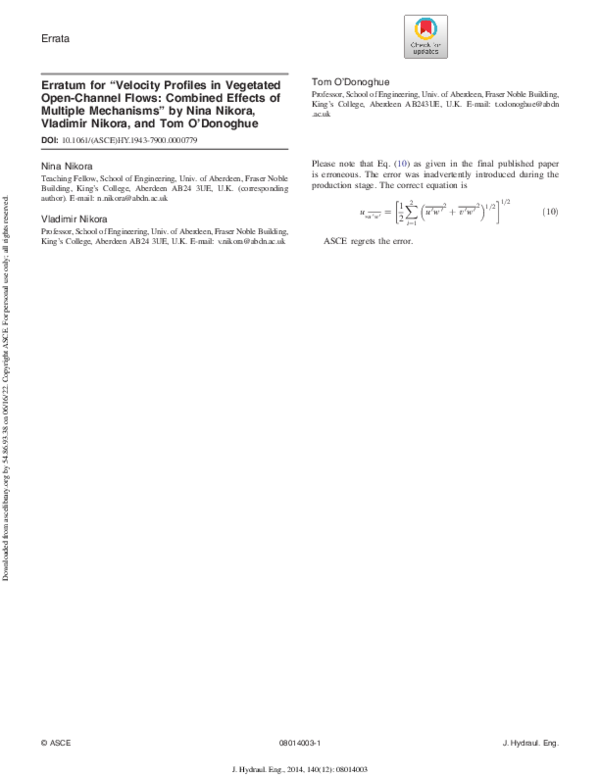 (PDF) Erratum for “Velocity Profiles in Vegetated Open-Channel Flows: Combined Effects of ...