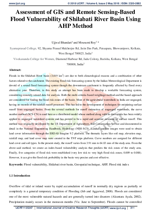 (PDF) Assessment of GIS and Remote Sensing-Based Flood Vulnerability of Shilabati River Basin ...
