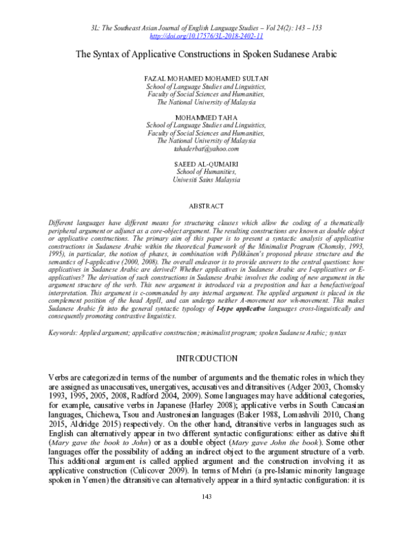 (PDF) The Syntax of Applicative Constructions in Spoken Sudanese Arabic