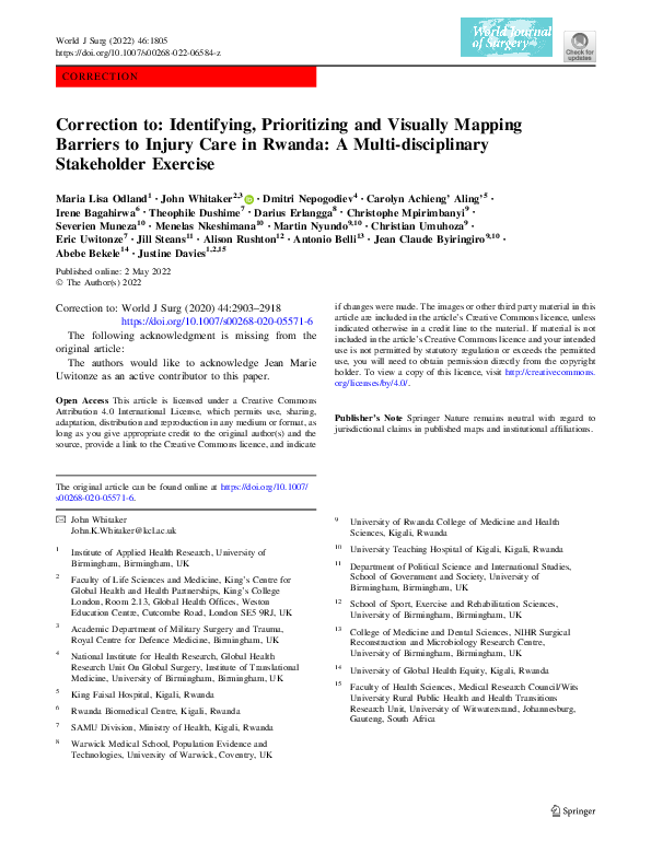 (PDF) Correction to: Identifying, Prioritizing and Visually Mapping Barriers to Injury Care in ...