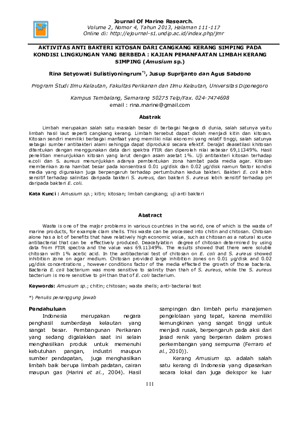 (PDF) AKTIVITAS ANTI BAKTERI KITOSAN DARI CANGKANG KERANG SIMPING PADA ...