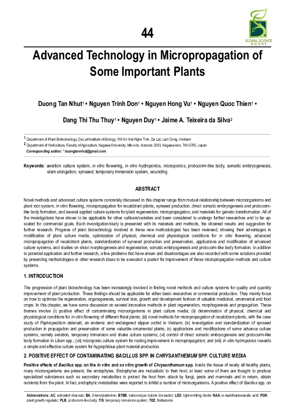 (PDF) Advanced Technology in Micropropagation of Some Important Plants