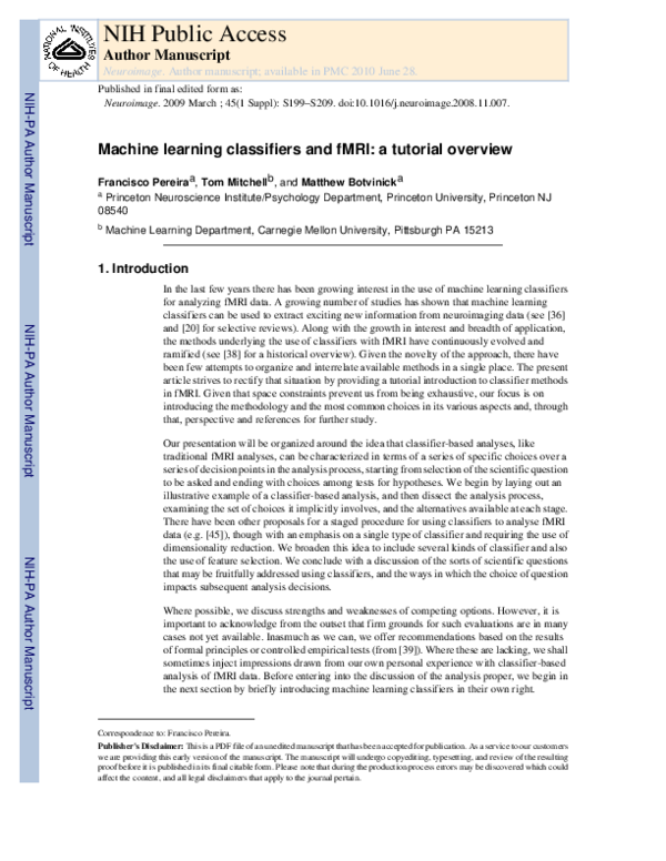 (PDF) Machine learning classifiers and fMRI: A tutorial overview