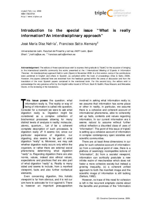 (PDF) Introduction to the special issue “What is really information? An ...