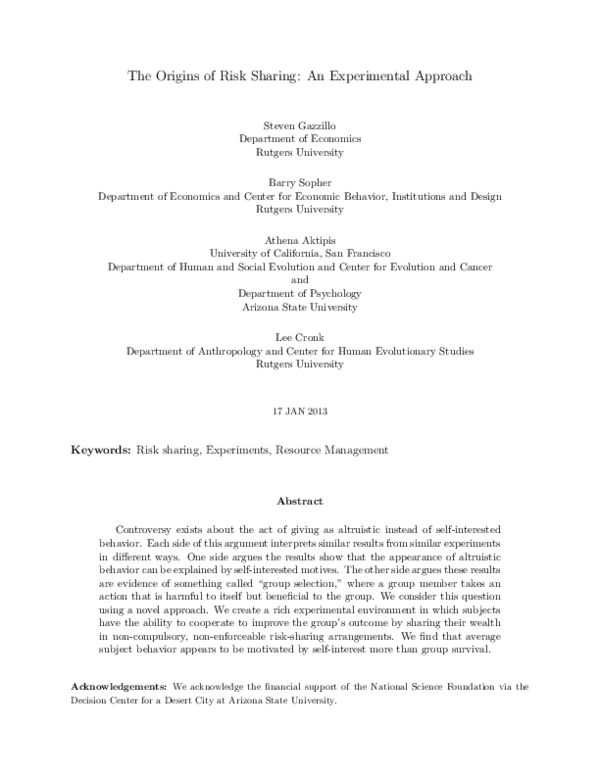(PDF) The Origins of Risk Sharing: An Experimental Approach