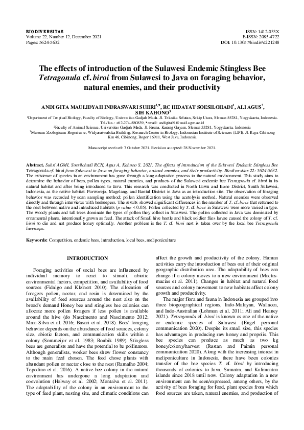 (PDF) The effects of introduction of the Sulawesi Endemic Stingless Bee Tetragonula cf. biroi ...