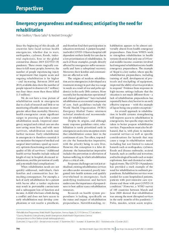 (PDF) Emergency preparedness and readiness; anticipating the need for ...