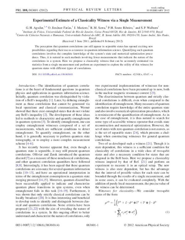 (PDF) Experimental Estimate of a Classicality Witness via a Single Measurement