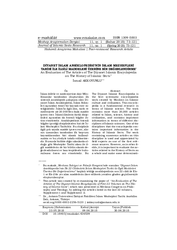 (PDF) An Evaluation of The Articles of The Diyanet Islamic Encyclopedia ...