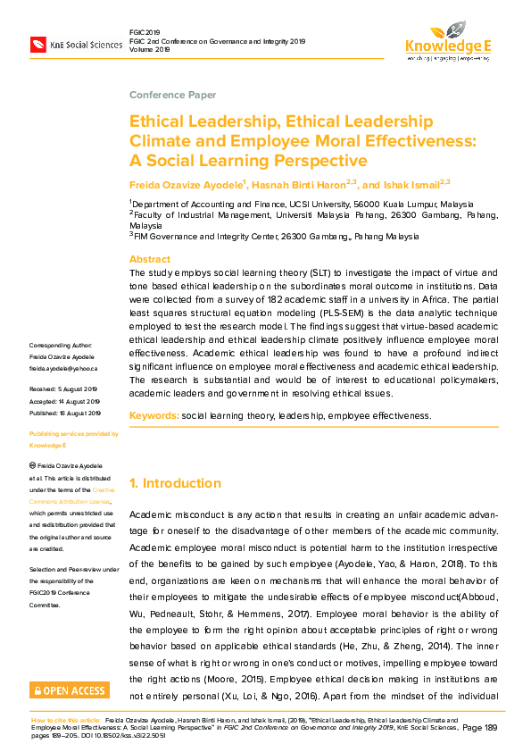 (PDF) Ethical Leadership, Ethical Leadership Climate and Employee Moral Effectiveness: A Social ...